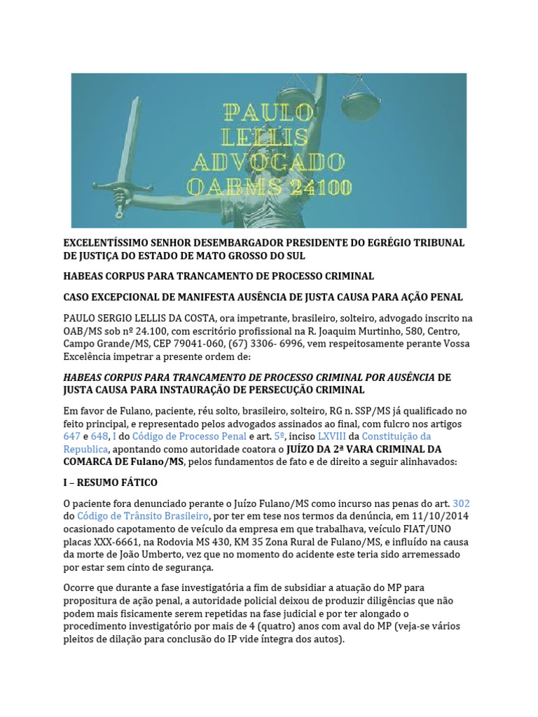 Modelo Habeas Corpus para Trancamento de Processo Criminal Por Ausencia de Justa Causa Art 648 I ...