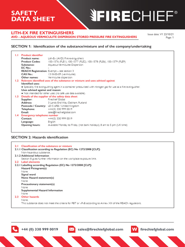 SDS Lith Ex AVD Fire Extinguishers v2 Nov 21 | PDF | Toxicity ...