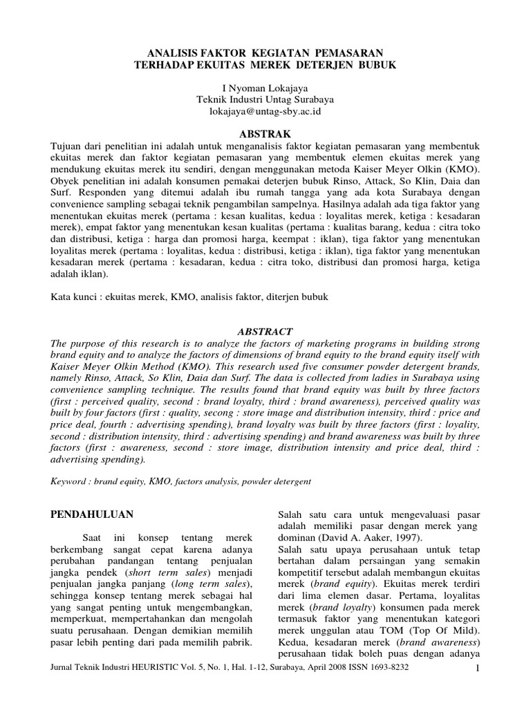 Analisis Faktor Kegiatan Pemasaran Terhadap Ekuitas Merek Deterjen ...