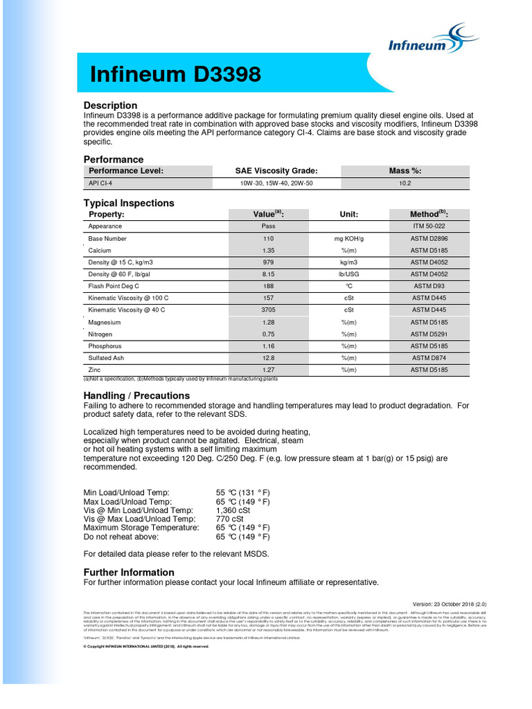 Infineum D3398 | PDF | Motor Oil | Materials