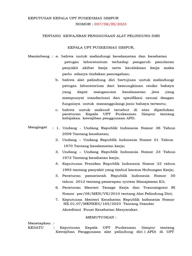 2023 SK Kewajiban Memakai Apd | PDF