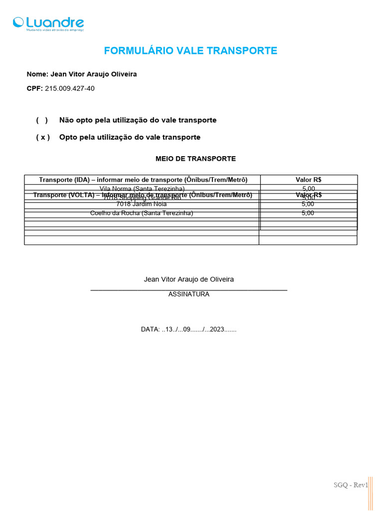 MODELO- FORMULÁRIO DE VALE TRANSPORTE EM BRANCO | PDF