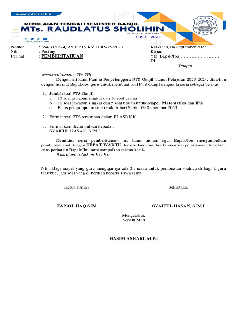 Surat Pembuatan Soal Pts Ganjil | PDF