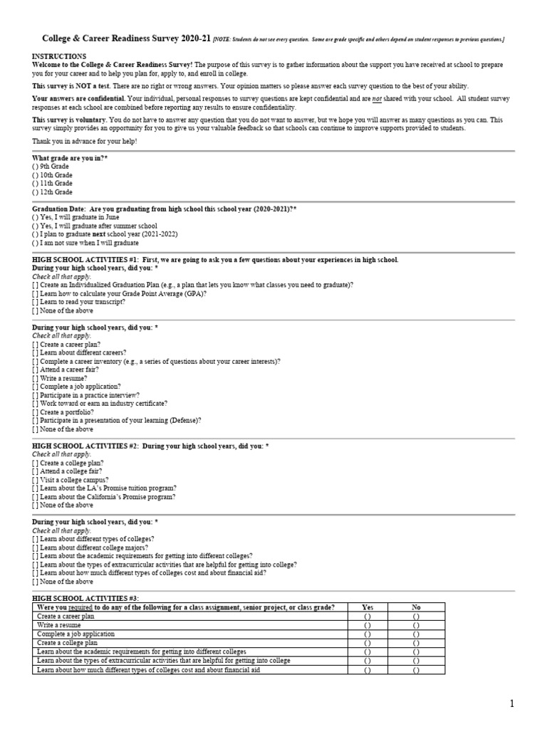 2020-2021 College and Career Readiness Survey Questions | PDF ...