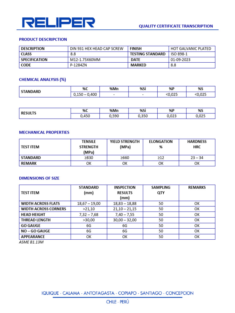 Ficha Tecnica Perno M12 | PDF