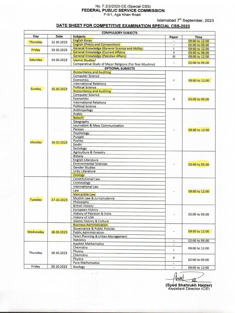 Date Sheet Competitive Examination Special CSS-2023 | PDF