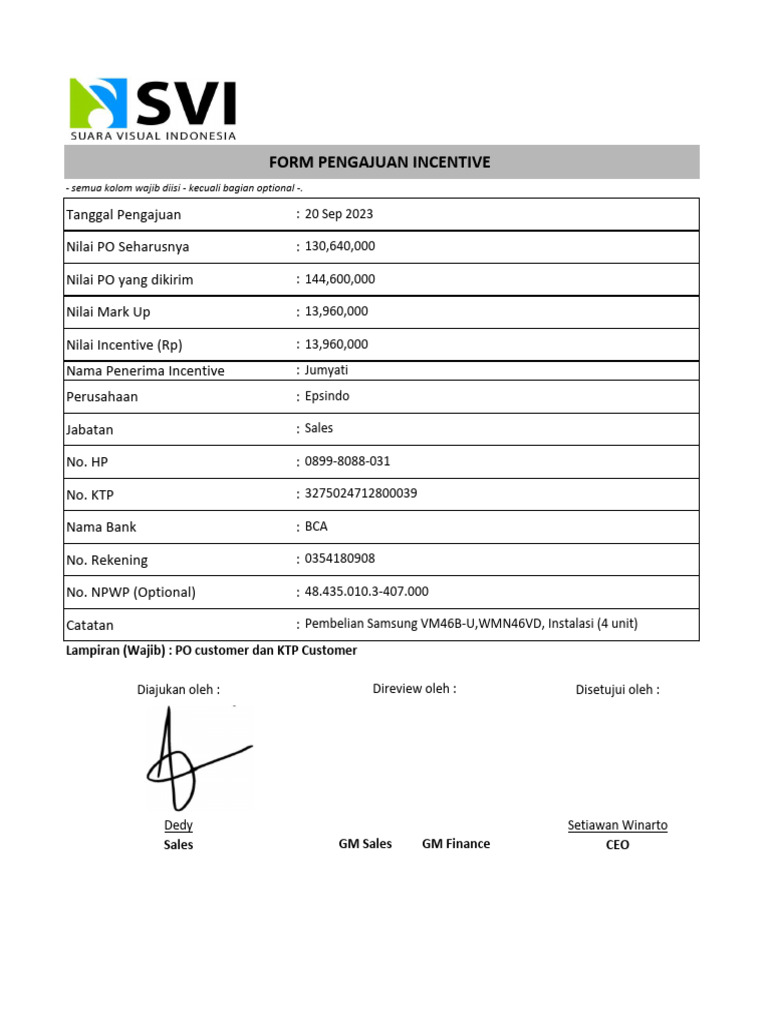 Form Pengajuan Incentive Bpk. Jummy-EPSINDO | PDF