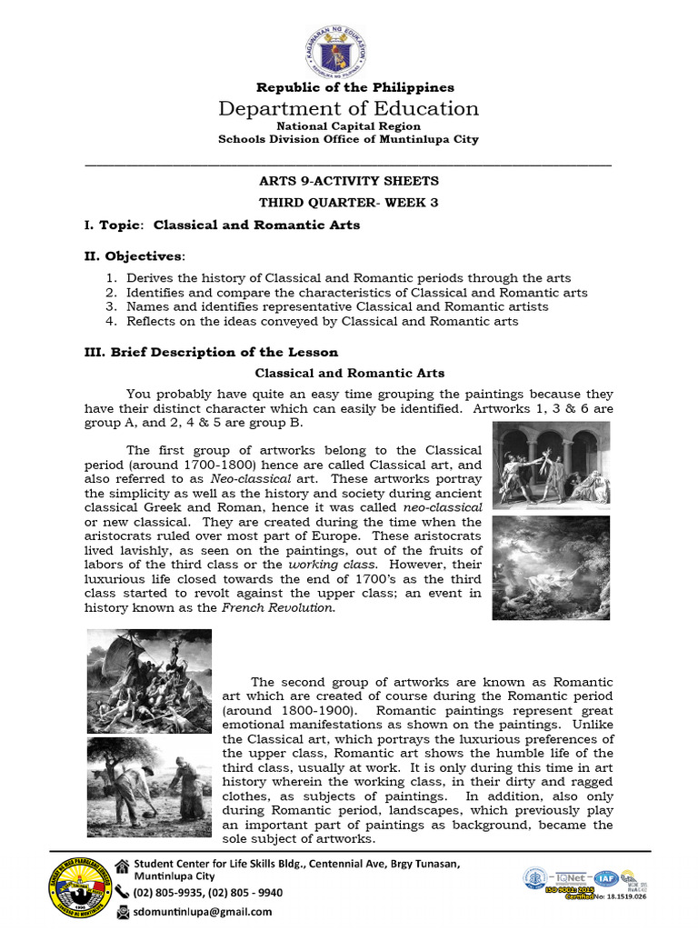 Arts 9 Week 3 Activity Sheets Q 3 2 | PDF | Romanticism | Paintings