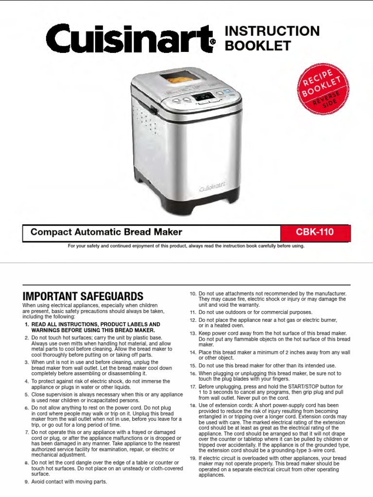 Cuisinart Bread Maker Instructions | PDF | Breads | Teaspoon