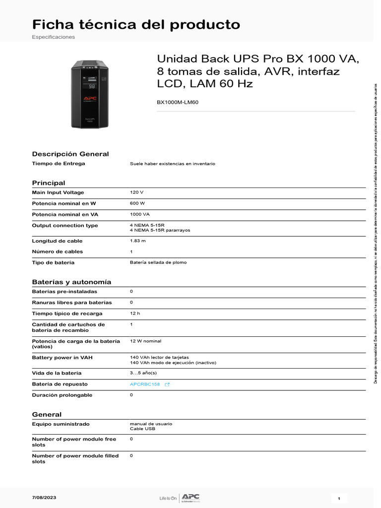 Back-UPS Pro - BX1000M-LM60 | PDF | Cantidades fisicas | Cantidad