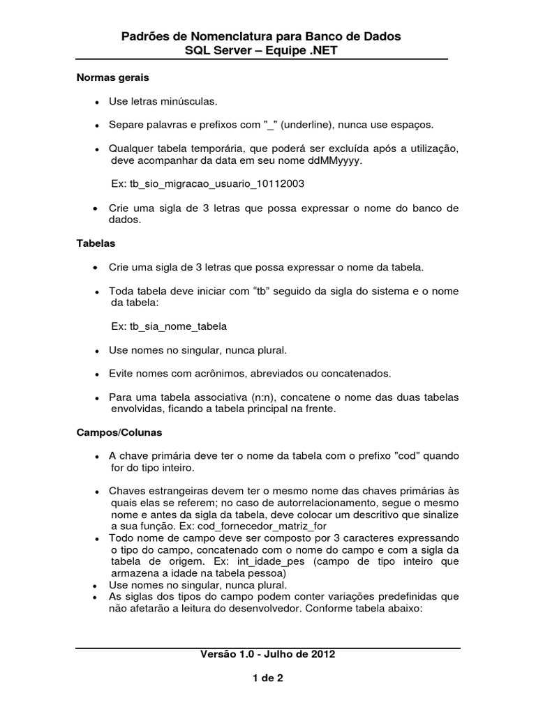Padrões de Nomenclatura em SQL Server | PDF | Tabela (banco de dados ...