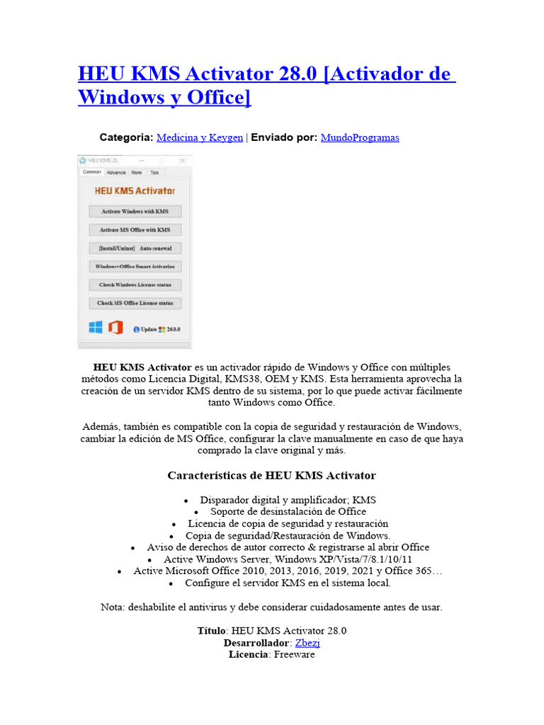 HEU KMS Activator 28.0 (Activador de Windows y Office) | PDF