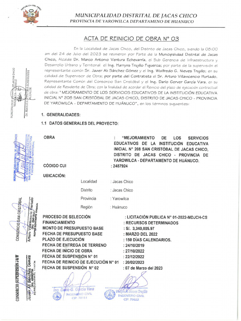 Acta de Reinicio de Obra | PDF
