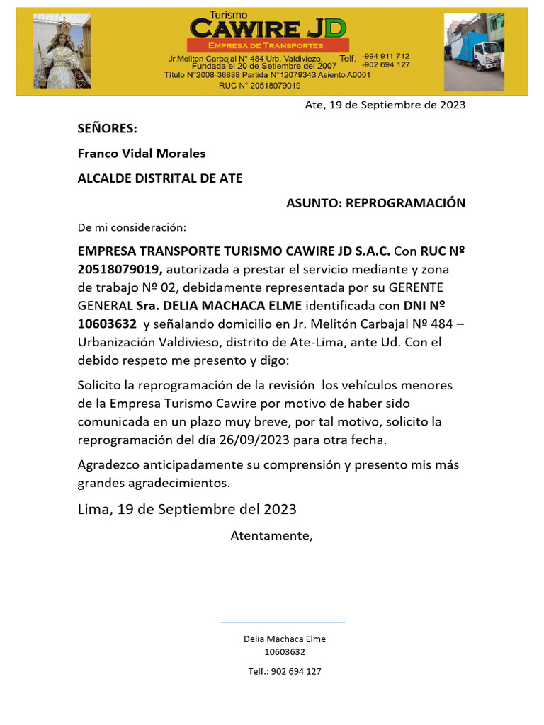 Señores: Franco Vidal Morales Alcalde Distrital de Ate Asunto: Reprogramación | PDF