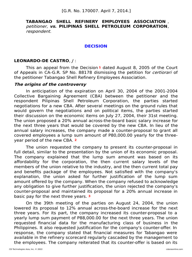 Tabangao Shell Refinery Employees Association v. Pilipinas Shell | PDF ...