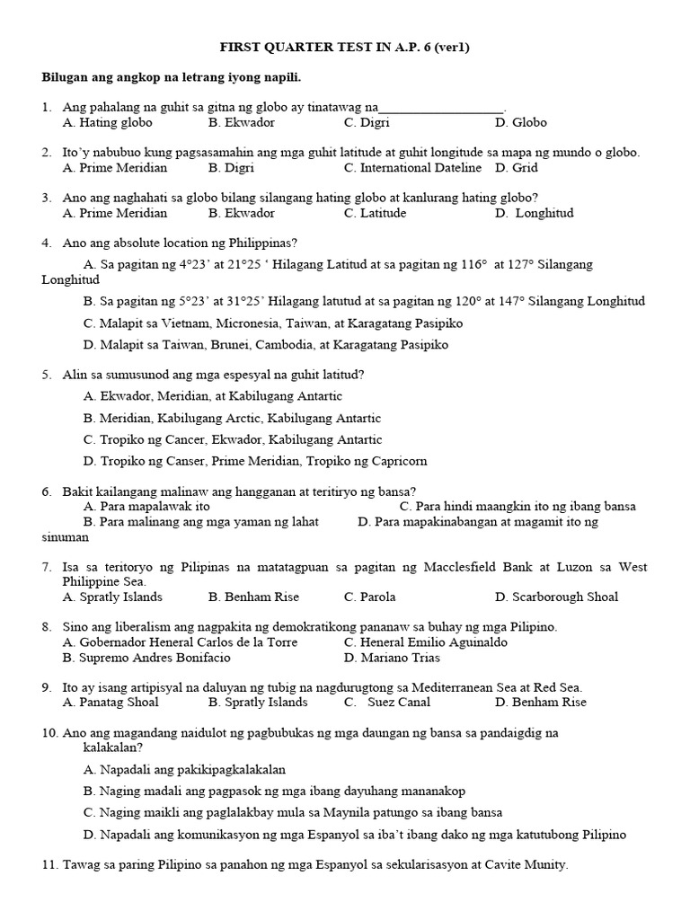 FIRST QUARTER TEST IN A.P. 6 (Ver1) | PDF