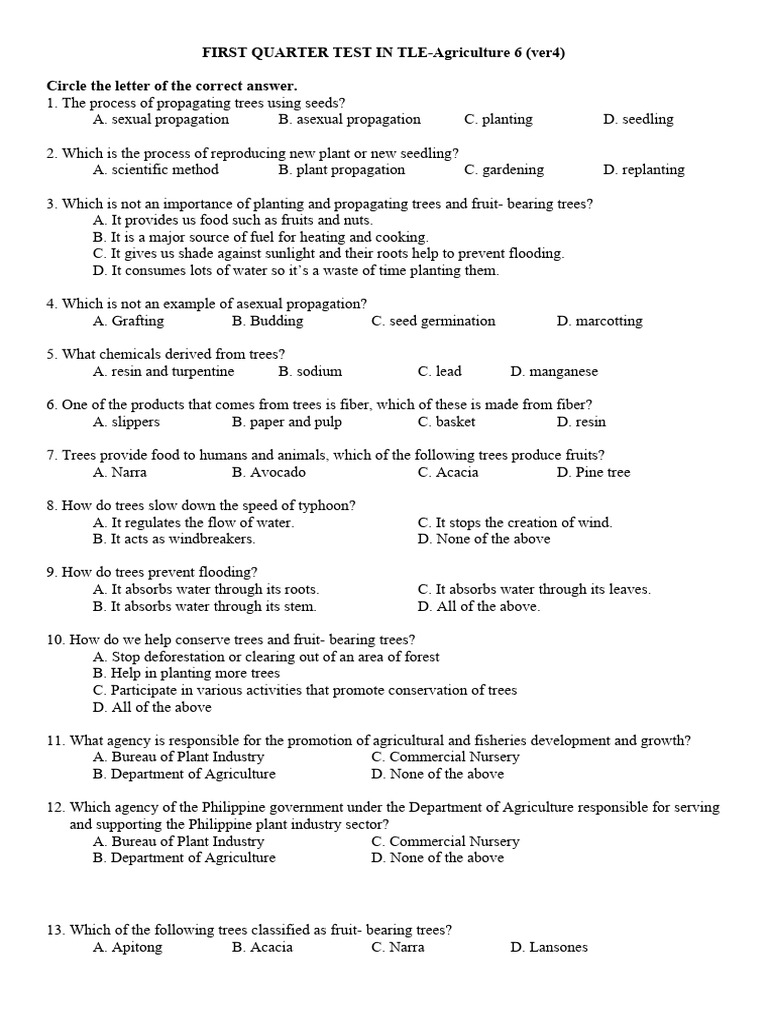 FIRST QUARTER TEST IN TLE-Agriculture 6 (Ver4) | PDF | Trees | Plants