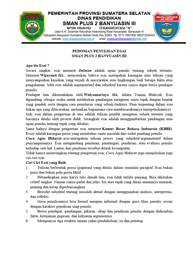 Pedoman Penulisan Esai di SMAN Plus 2 | PDF