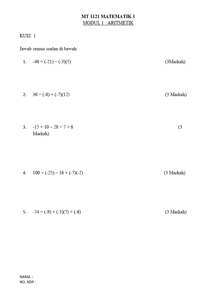 Kuiz Math 1 Nombor Negatif (SOALAN) | PDF | Metode & Bahan Ajar