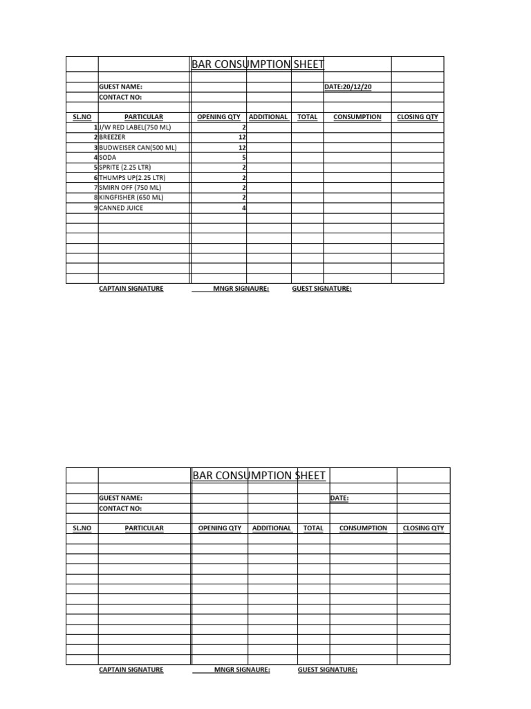 Bar Consumption Sheet | PDF | Drink | Soft Drink