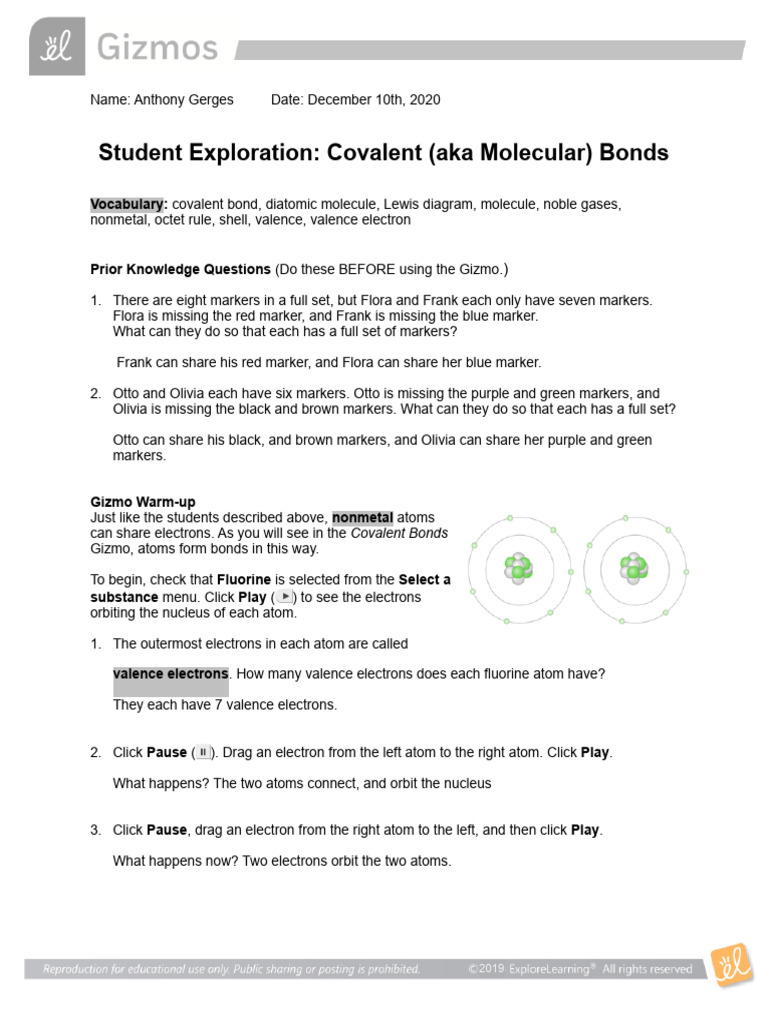 Corvalent Bonds Lab | PDF | Valence (Chemistry) | Chemical Bond