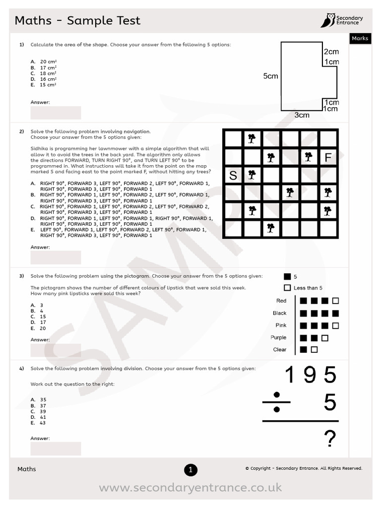 Maths - Sample Test 2020 (Secondary Entrance) | PDF | Speed | Mathematics