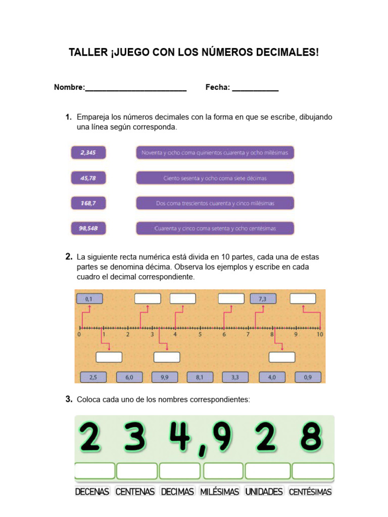 Taller de Números Decimales para Niños | PDF | Métodos y materiales de ...