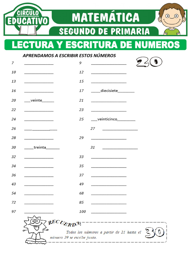 Lectura y Escritura de Numeros para Segundo de Primaria | PDF