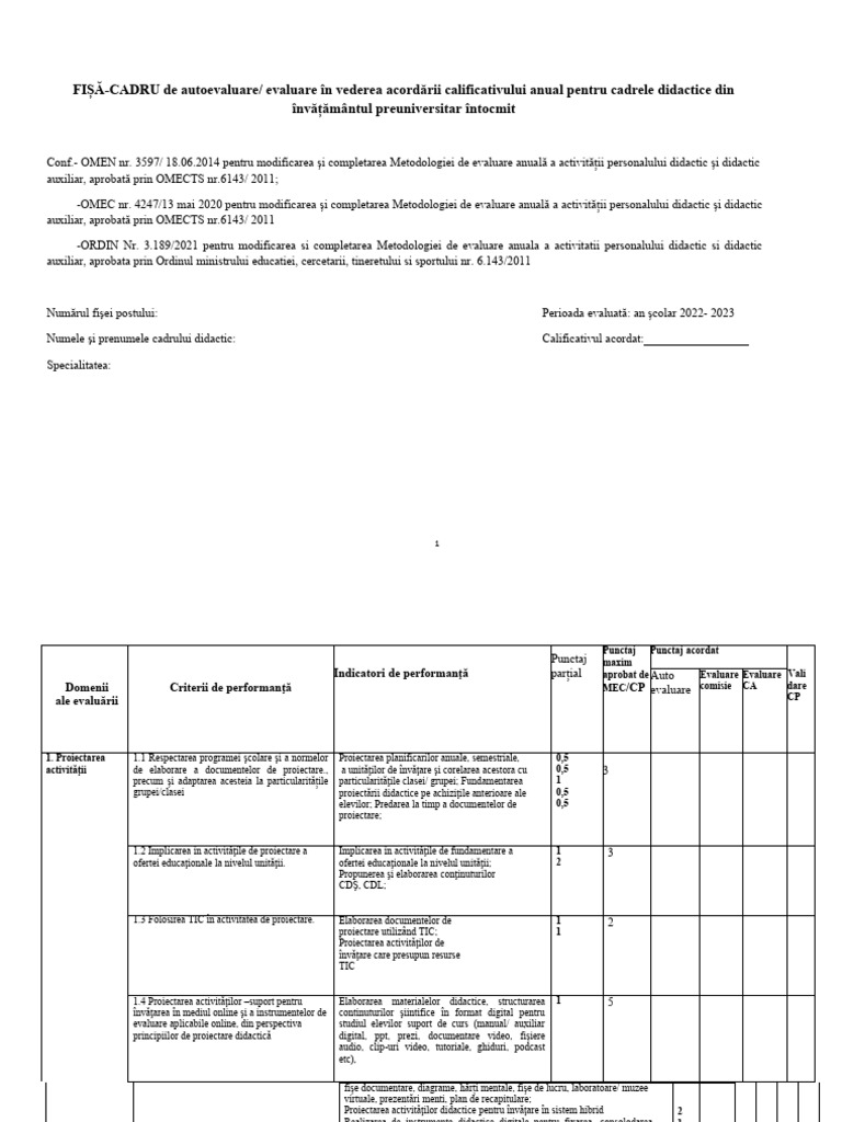 Fisa Autoevaluare-Evaluare 2023. 2024 | PDF
