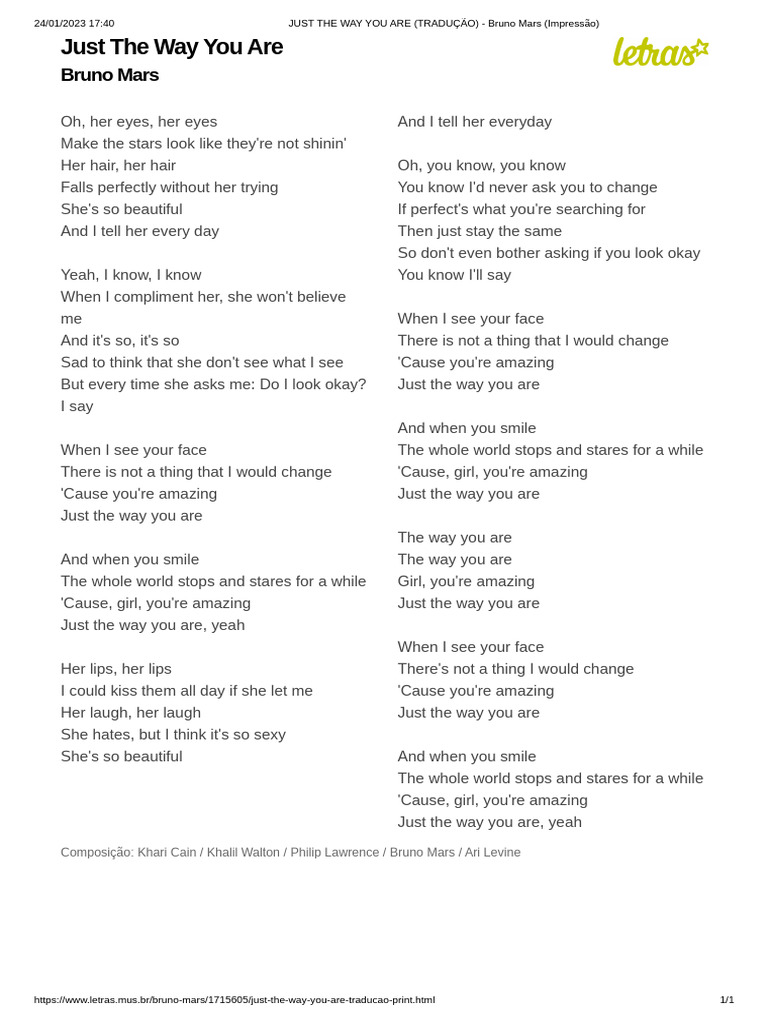 JUST THE WAY YOU ARE (TRADUÇÃO) - Bruno Mars (Impressão) | PDF ...