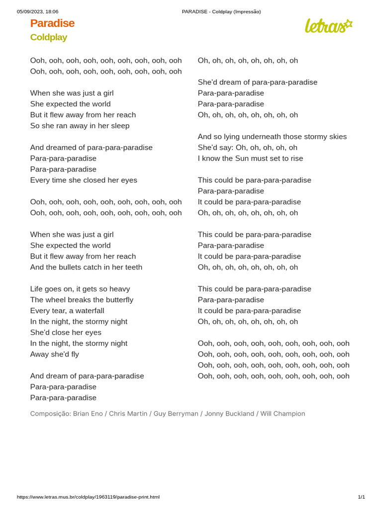PARADISE - Coldplay (Impressão) | PDF | Songs Written | Pop Rock