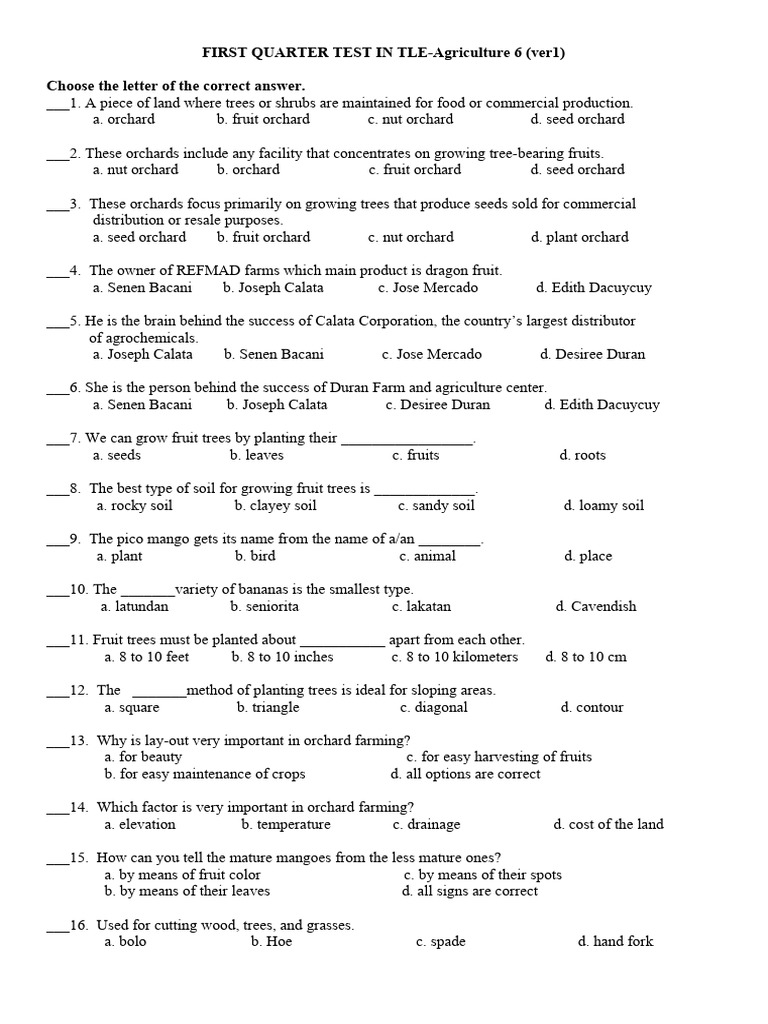FIRST QUARTER TEST IN TLE-Agriculture 6 (Ver1) | PDF