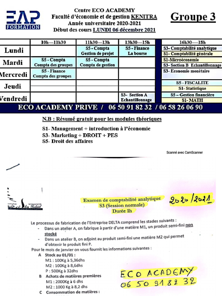 Examens Compta Analytique ECO ACADEMY | PDF