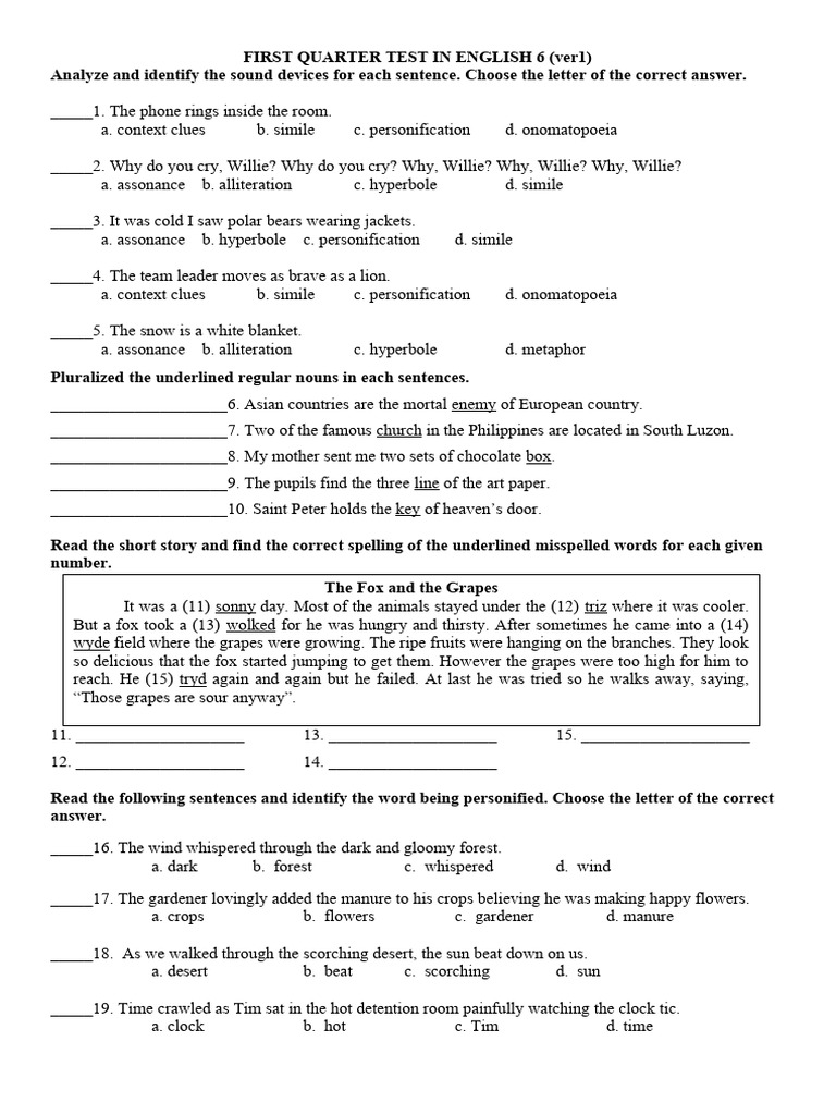 FIRST QUARTER TEST IN ENGLISH 6 (Ver1) | PDF | Linguistics