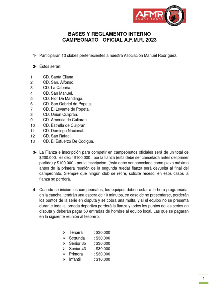 Bases y Reglamento Interno Afmr Temp. 2023 | PDF | Árbitro
