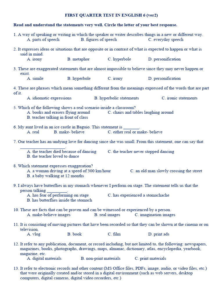 FIRST QUARTER TEST IN ENGLISH 6 (Ver2) | PDF | Irony | Books