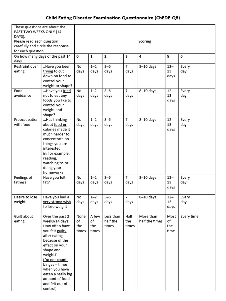 Children S Eating Disorder Examination-Questionnaire ChEDE-Q8 | PDF ...