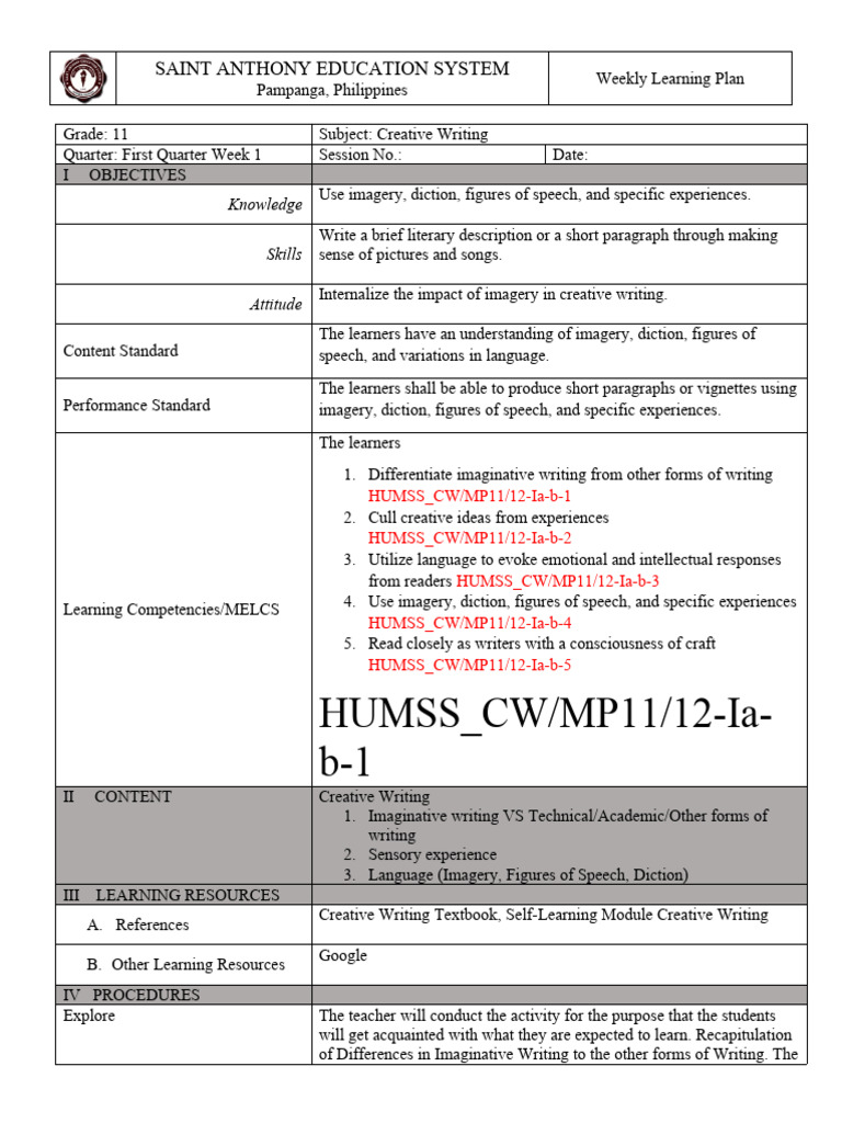 Grade 11 Creative Writing Plan: Week 1 | PDF | Experience | Learning
