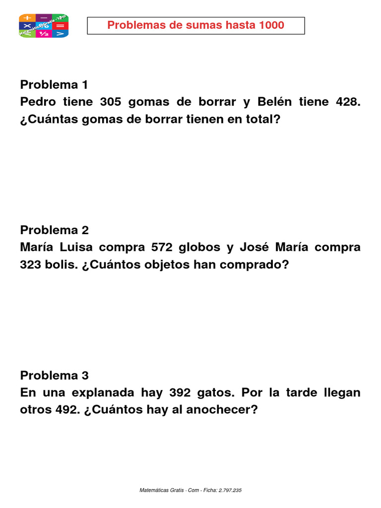Problemas de Sumas Hasta 1000 | PDF