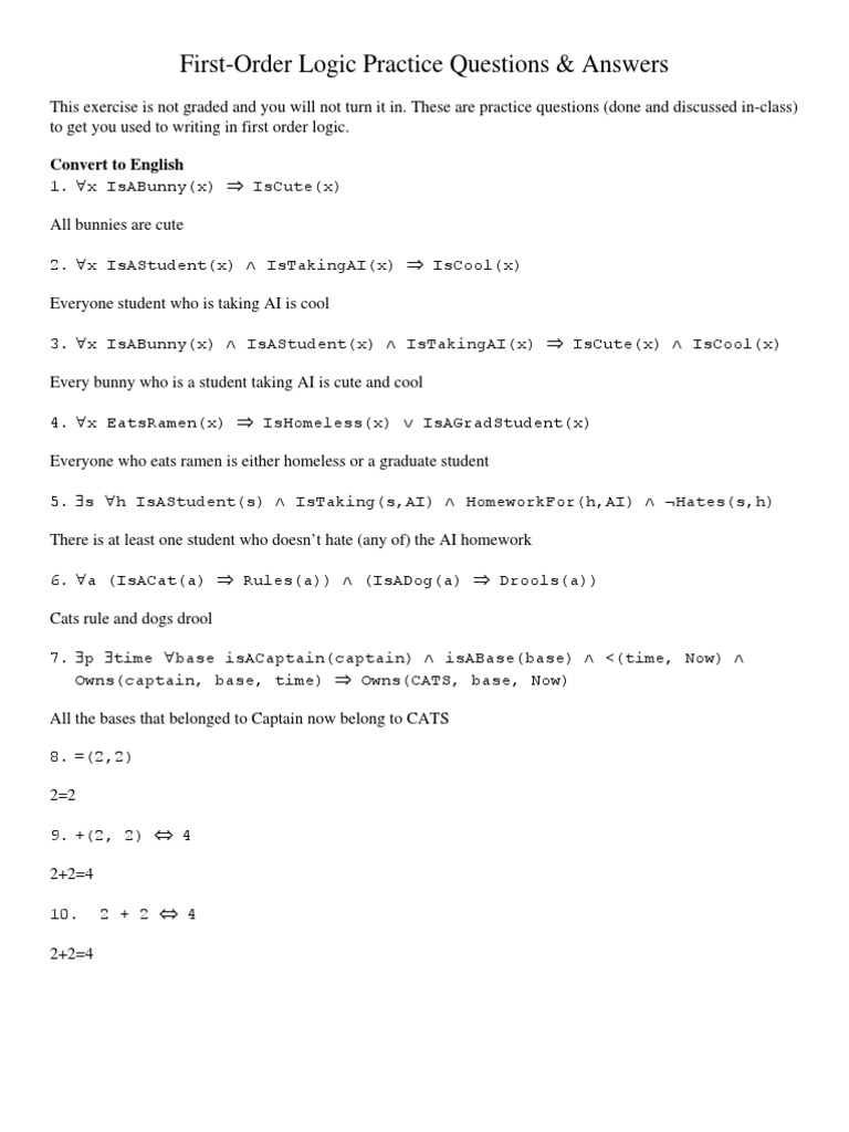 First-Order Logic Practice Questions & Answers: Convert To English | PDF