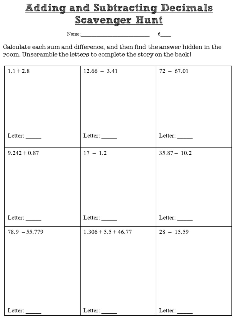 Adding and Subtracting Decimals Scavenger Hunt | Download Free PDF ...