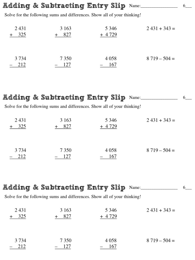 Adding & Subtracting Entry Slip (Assessment Take 2) | PDF | Teaching ...