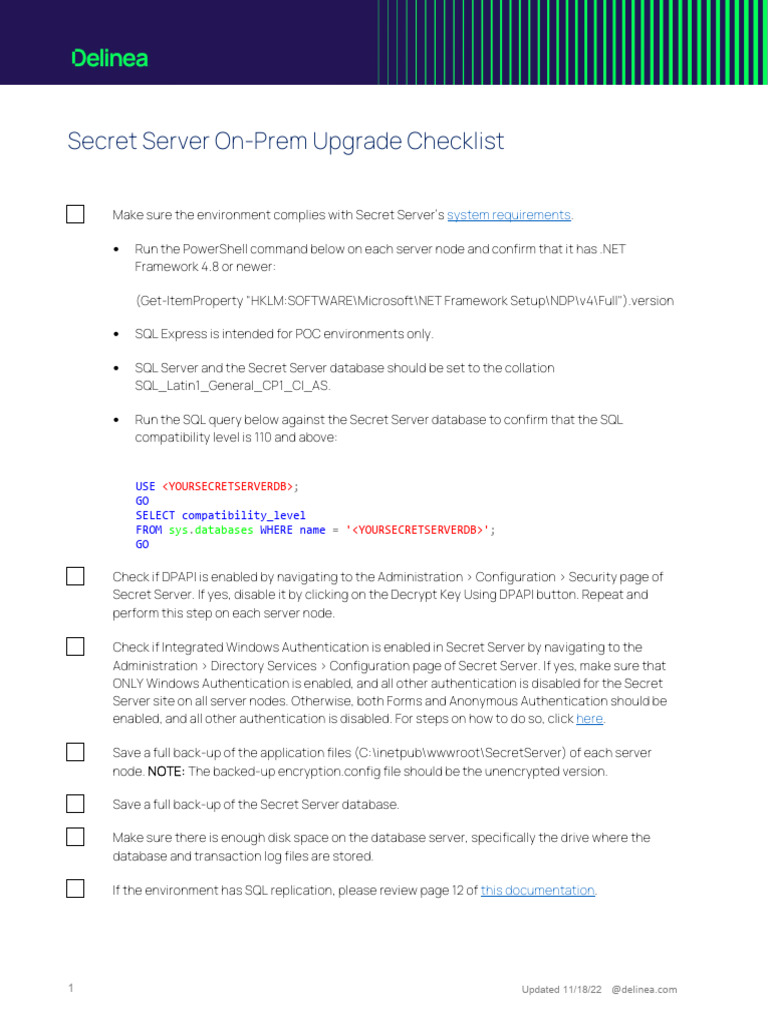Secret Server Upgrade Checklist v6.0 | PDF | Databases | Database ...