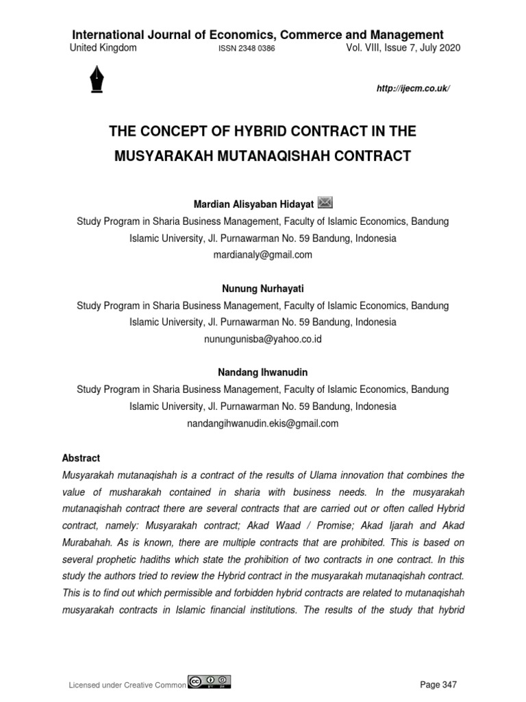 The Concept of Hybrid Contract in The Musyarakah Mutanaqishah Contract | PDF | Sharia | Islamic ...