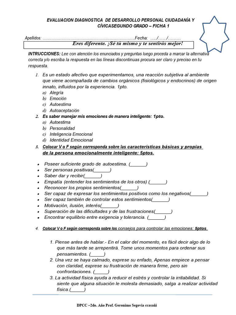 Evaluacion Ficha 2 DPCC SEGUNDO | PDF | Las emociones | Autoestima