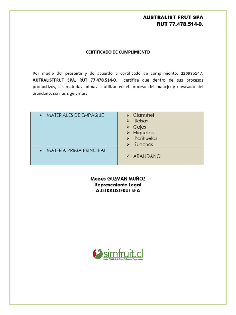 2870463-Simfruit Certificado de Cumplimiento Materia Prima | PDF