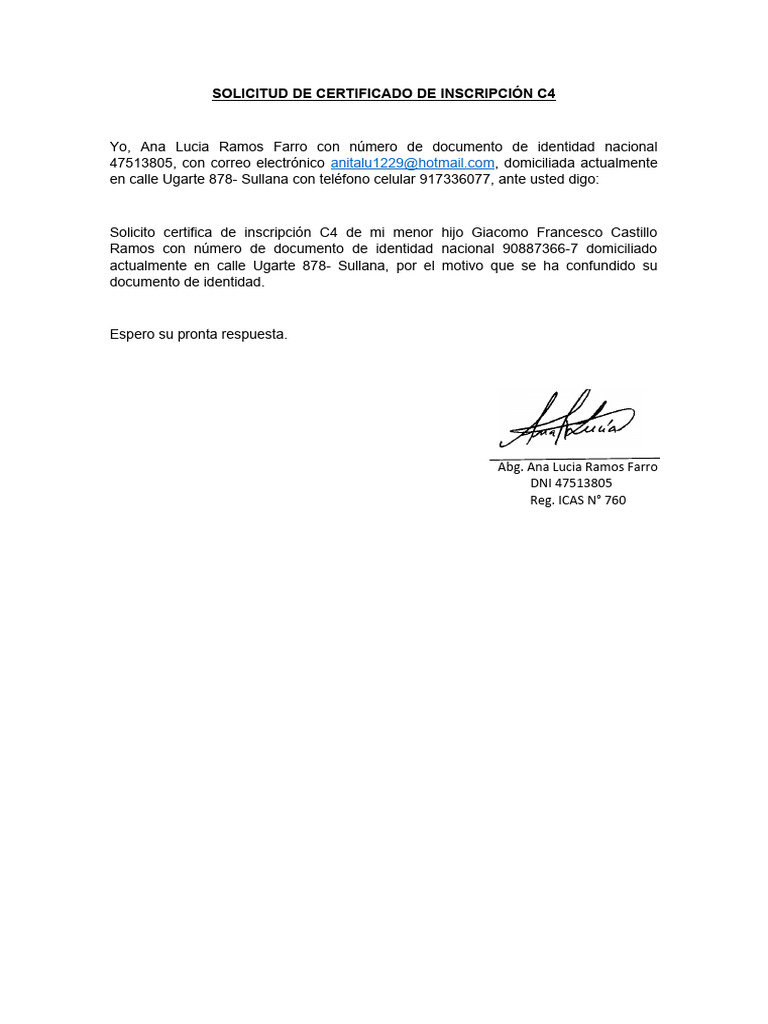 Solicitud de Certificado de Inscripción c4 | PDF