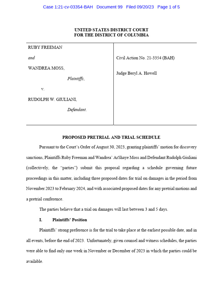 Proposed Trial Schedule for Freeman v. Giuliani | PDF | Lawsuit ...