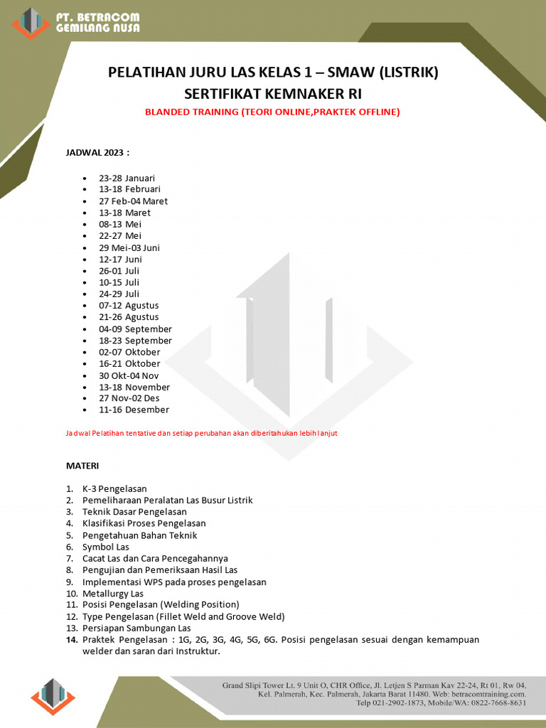 Pelatihan Juru Las Smaw Kelas 1 | PDF
