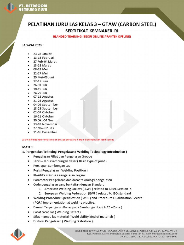 Pelatihan Juru Las Gtaw Kelas 3 | PDF